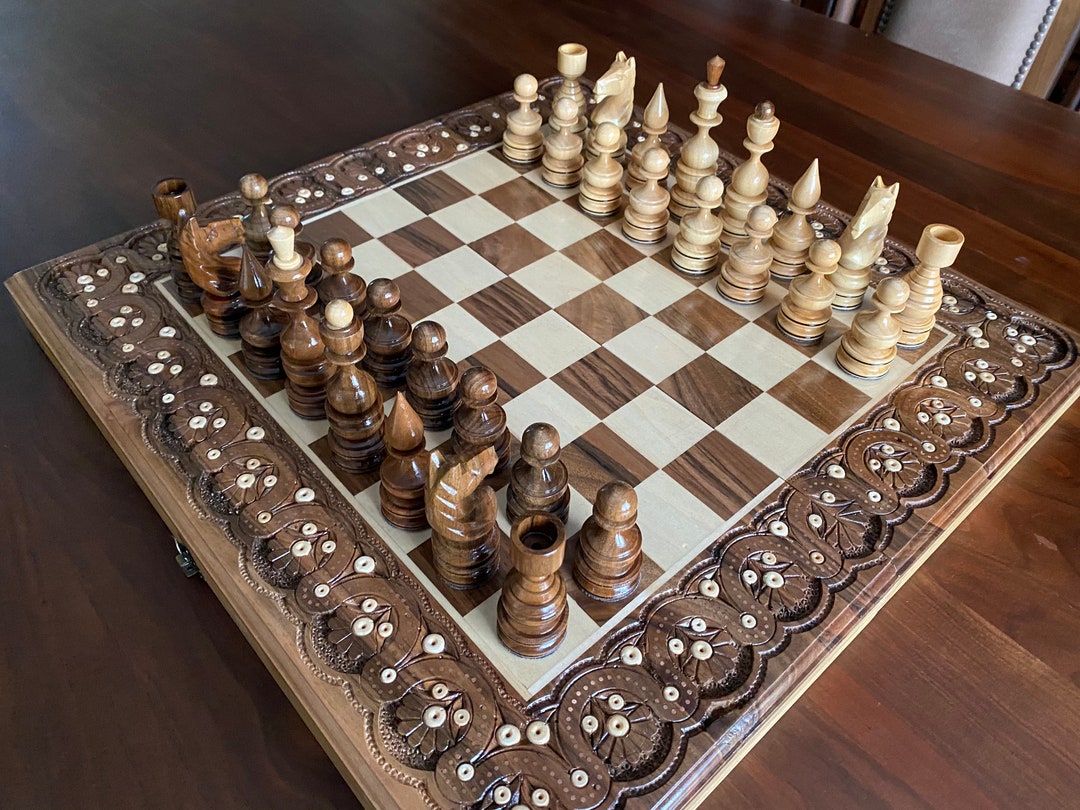 Hand Carved Wooden Chess Set With Backgammon - Etsy UK