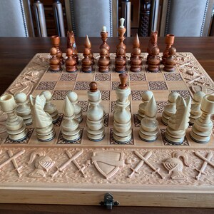 Large Wooden Chess Set: Carved Medieval Board, Backgammon Checkers - Etsy
