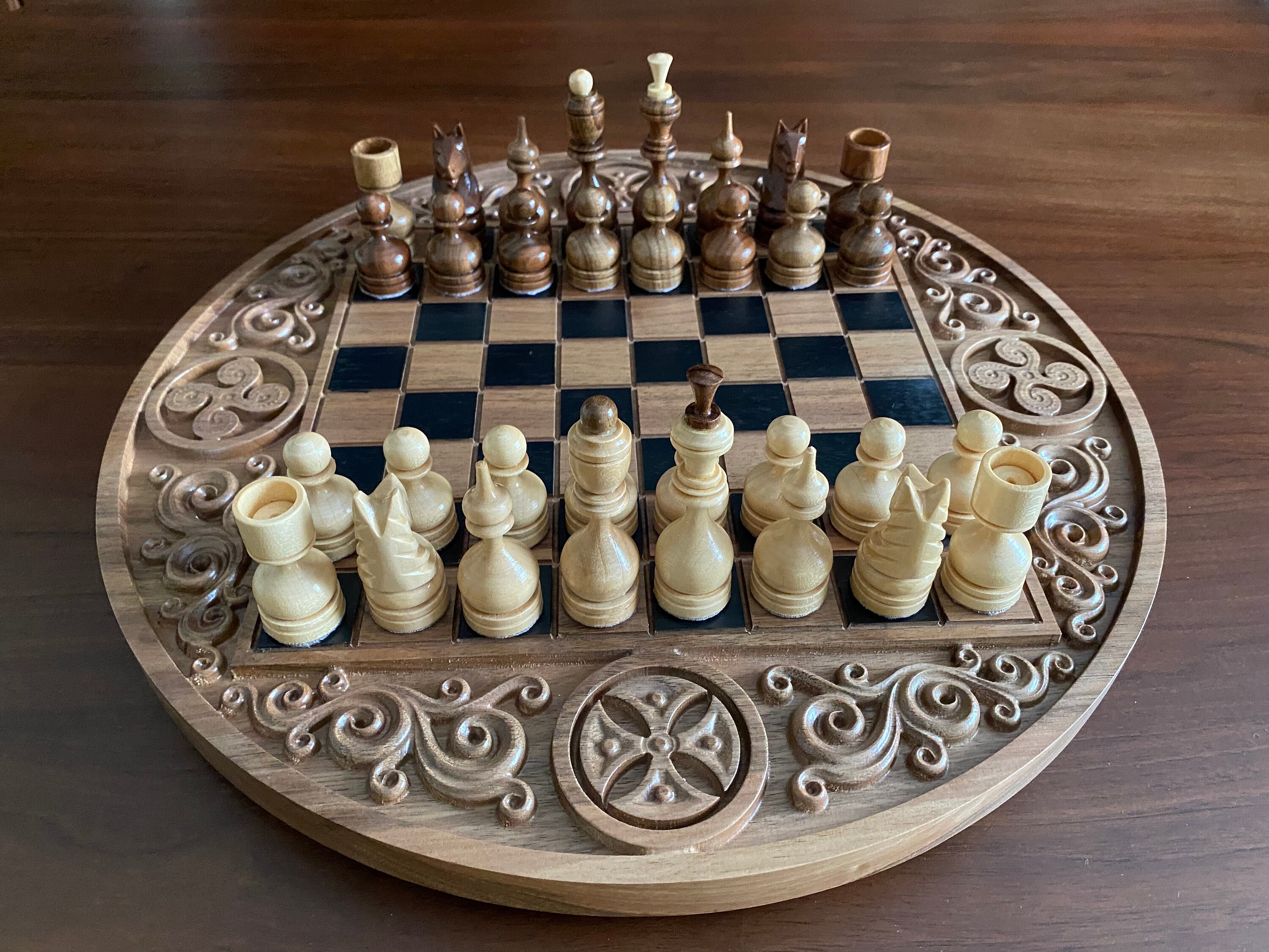 Round Chess Set Wooden Chess Game Original Wooden Chess Board | Etsy