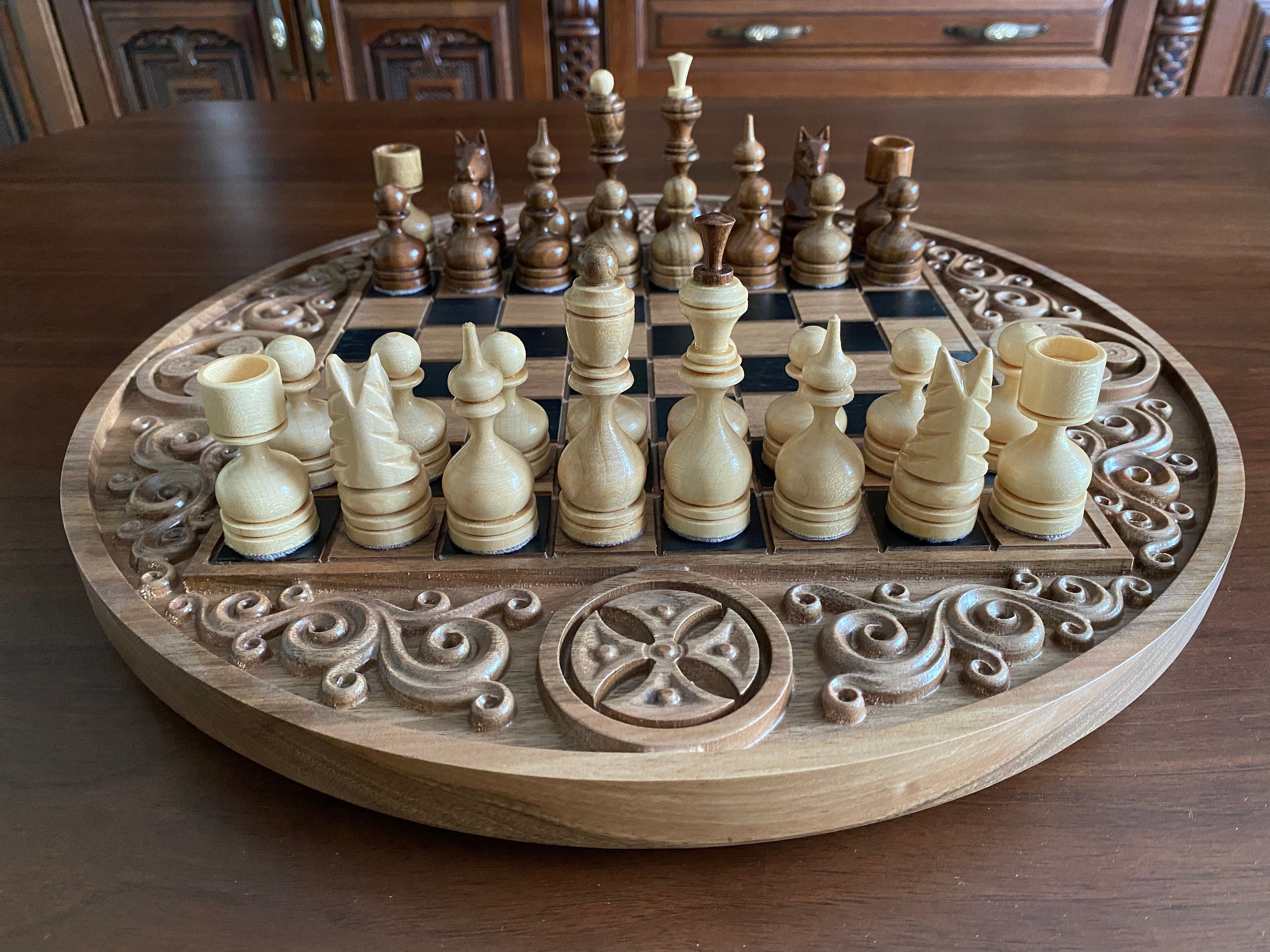 Round Chess Set Wooden Chess Game Original Wooden Chess Board | Etsy