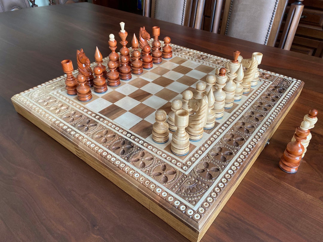 Large Chess Set Handmade Chess Set Wooden Chess Checkers Large Chess ...