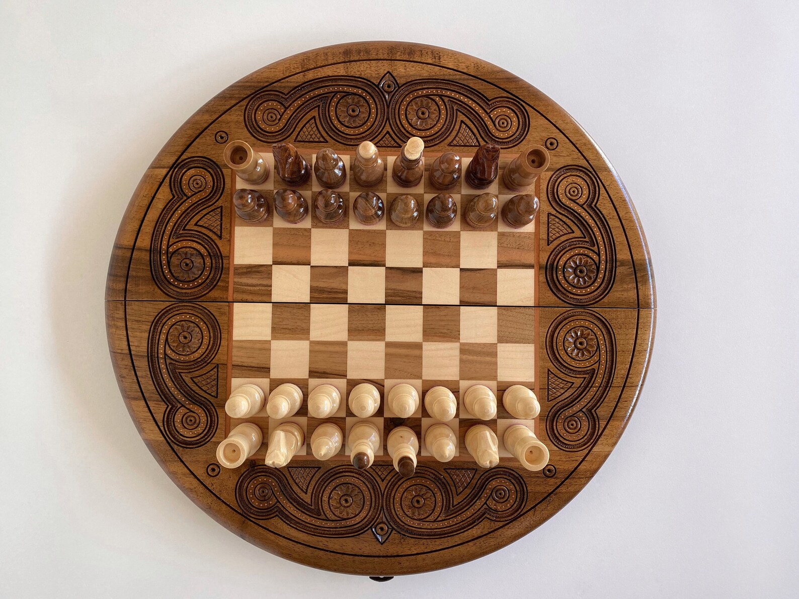 Round Chess Set Wooden Chess Game Handmade Chess Board - Etsy