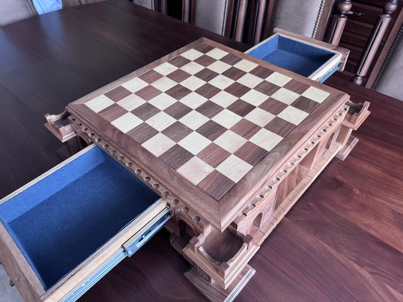 Handmade Walnut Castle Chess Board With Drawers | Luxury Wooden Chess ...