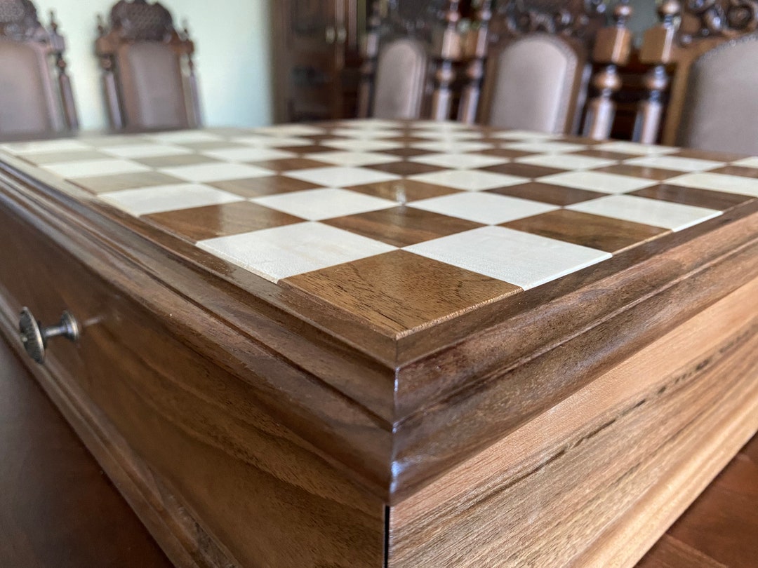 Chess Board With Drawer for Storage Chess Pieces, Wooden Hand Crafted ...