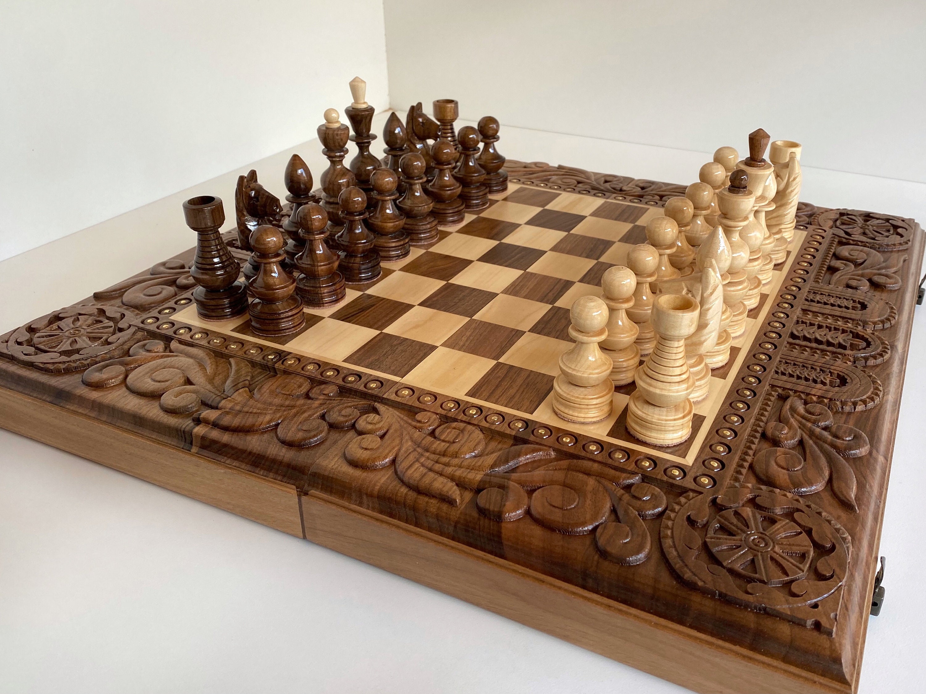 Large Chess Set Wooden Chess Large Chess Set Wood Carved Set | Etsy