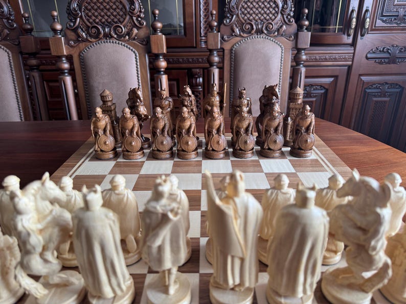 Walnut Medieval Carved Wooden Chess Pieces: Original Chess Set With ...