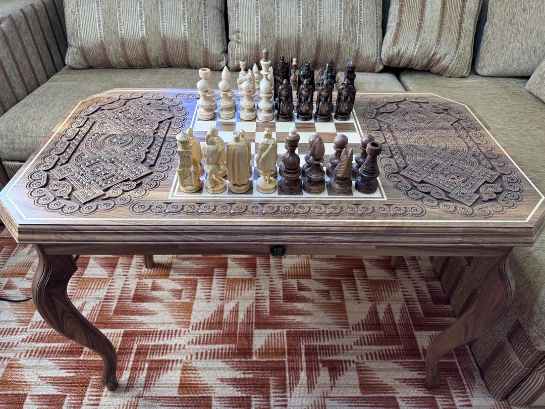 Large Walnut Hand Carved Chess Table, 39.4x21.9x25.8 Chess Table With ...