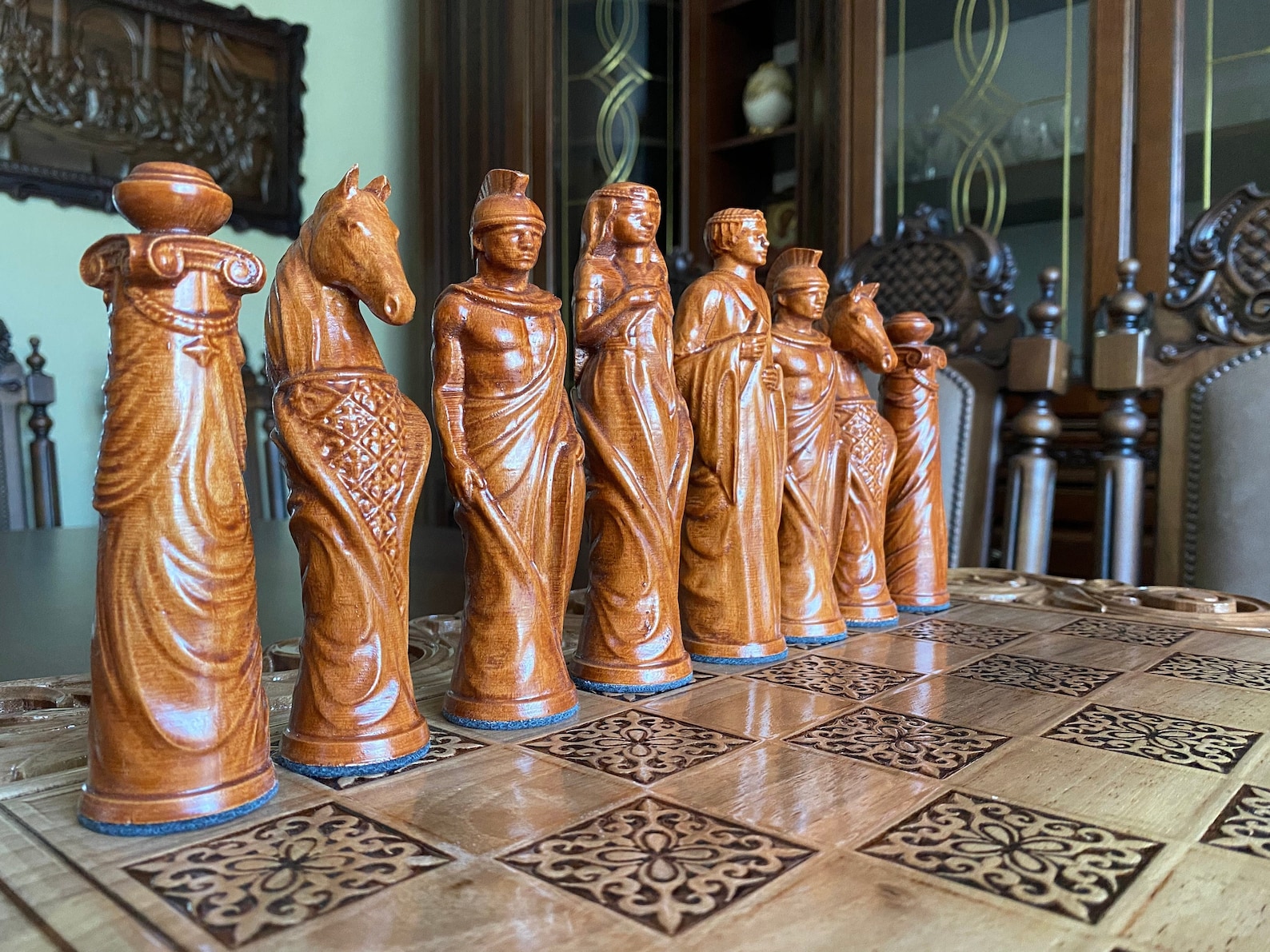 Antique Chess Pieces roman Gods Walnut Chess Board Luxury - Etsy