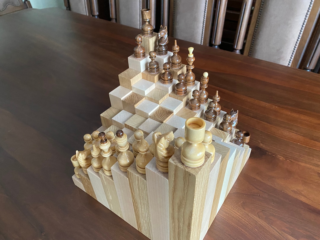 3D Wooden Chess Set: Handmade Carpathian Wood, Large Chessboard - Etsy