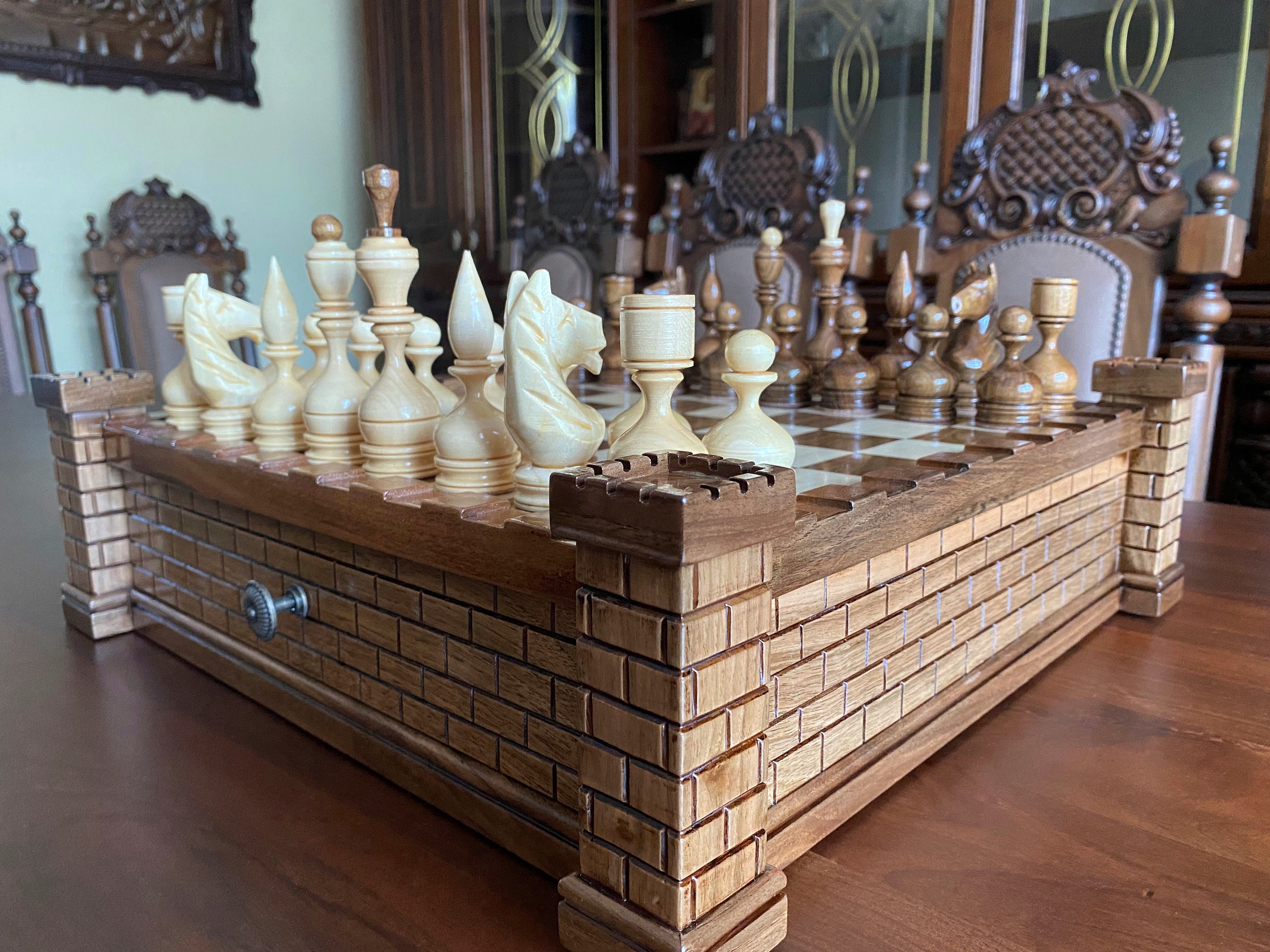Hand Carved Castle Chess Board Handmade Chess Board Luxury - Etsy