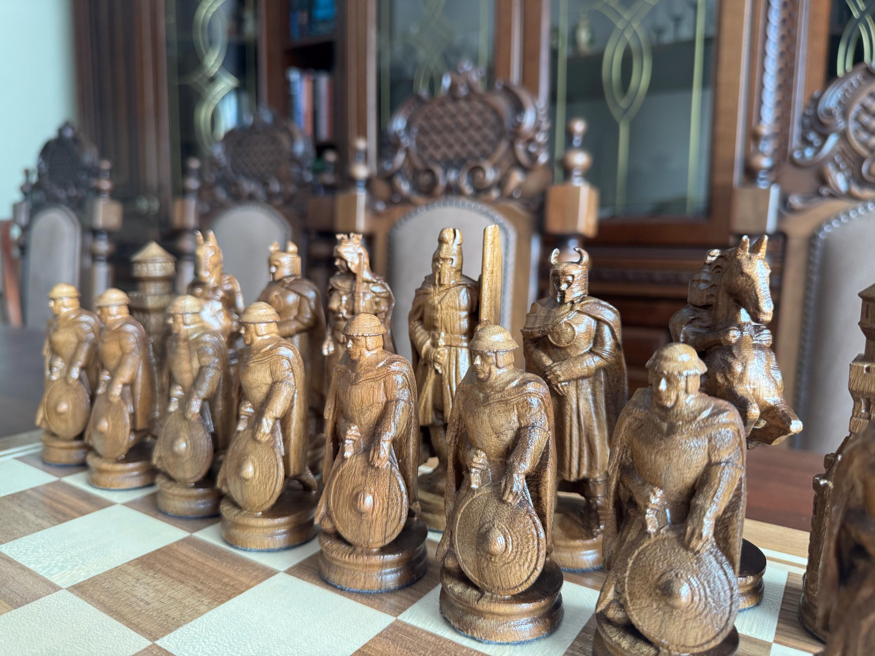 Walnut Medieval Carved Wooden Chess Pieces: Original Chess Set With ...
