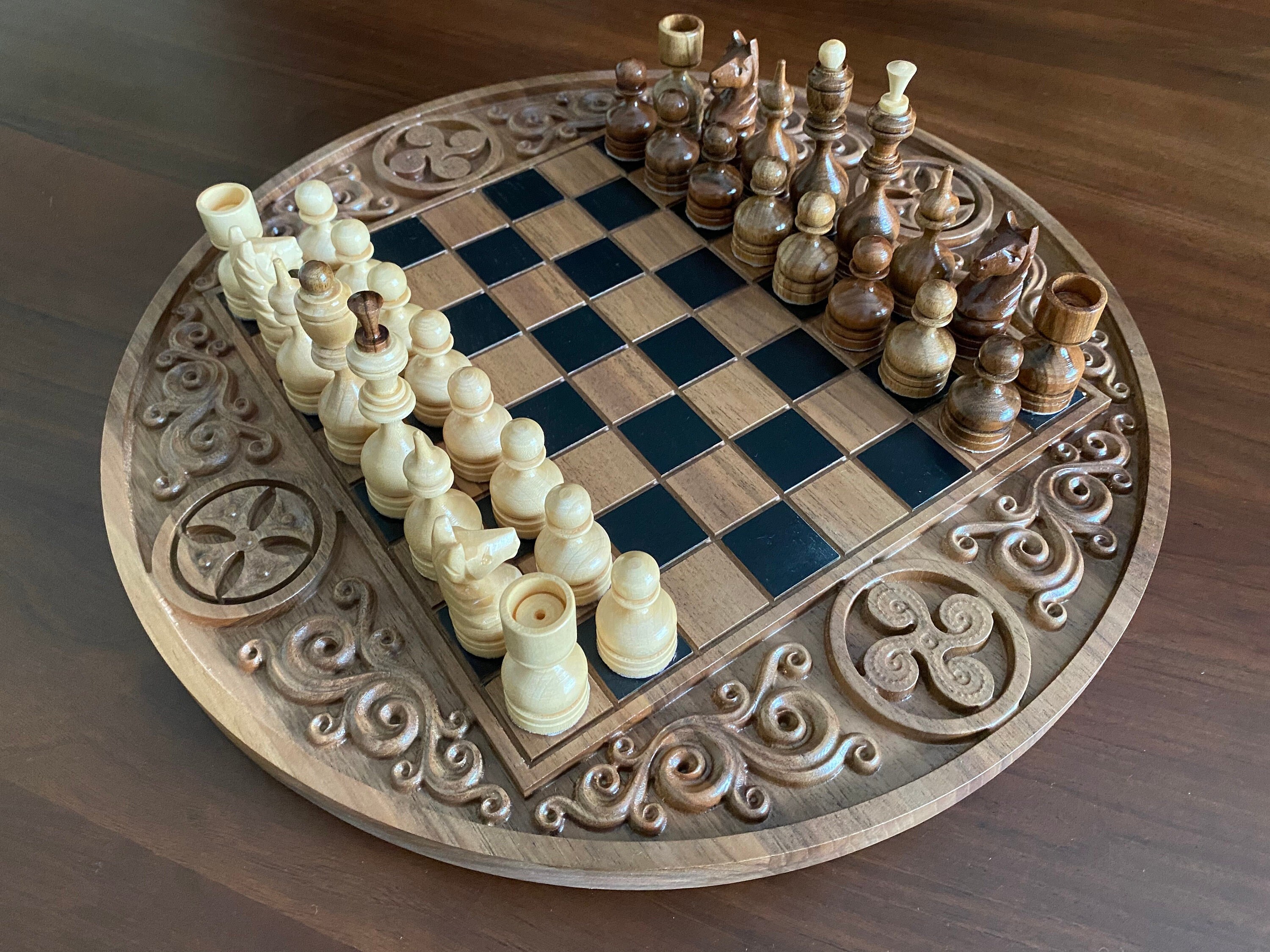 Round Chess Set Wooden Chess Game Original Wooden Chess Board | Etsy