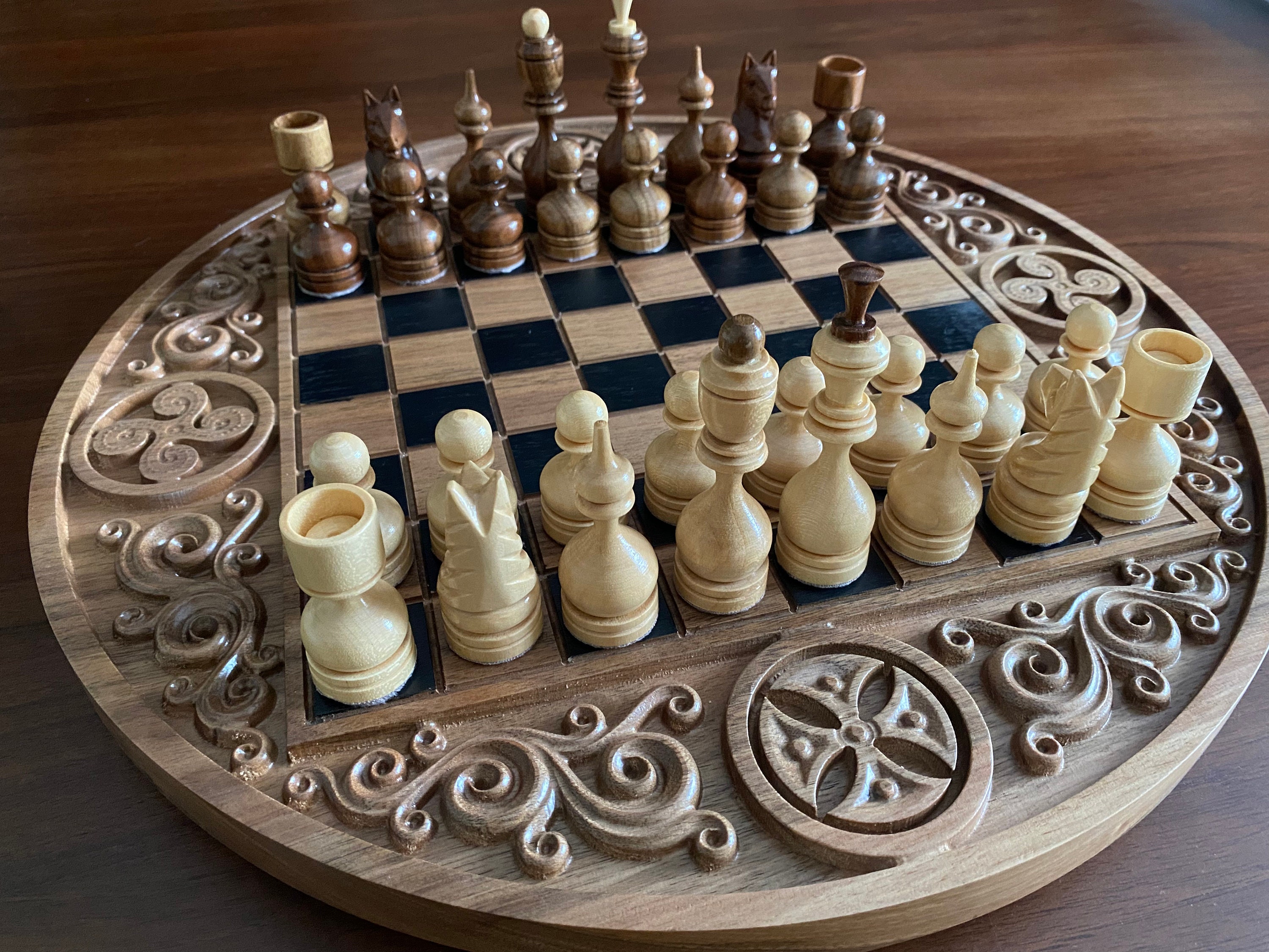 Round Chess Set Wooden Chess Game Original Wooden Chess Board | Etsy