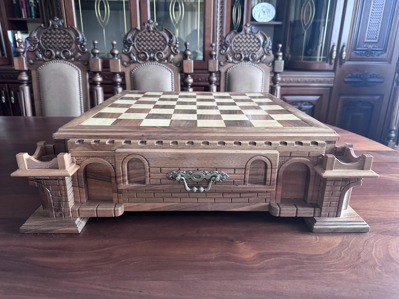 Handmade Walnut Castle Chess Board With Drawers | Luxury Wooden Chess ...