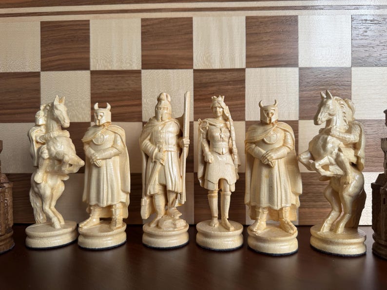 Walnut Medieval Carved Wooden Chess Pieces: Original Chess Set With ...