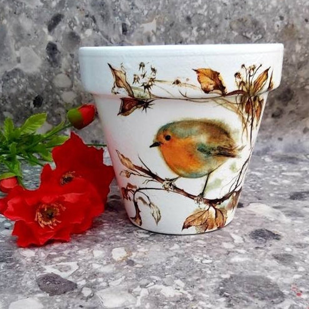 Robin Plant Pot, Large Decoupaged Robin Plant Pot, Terracotta Christmas ...