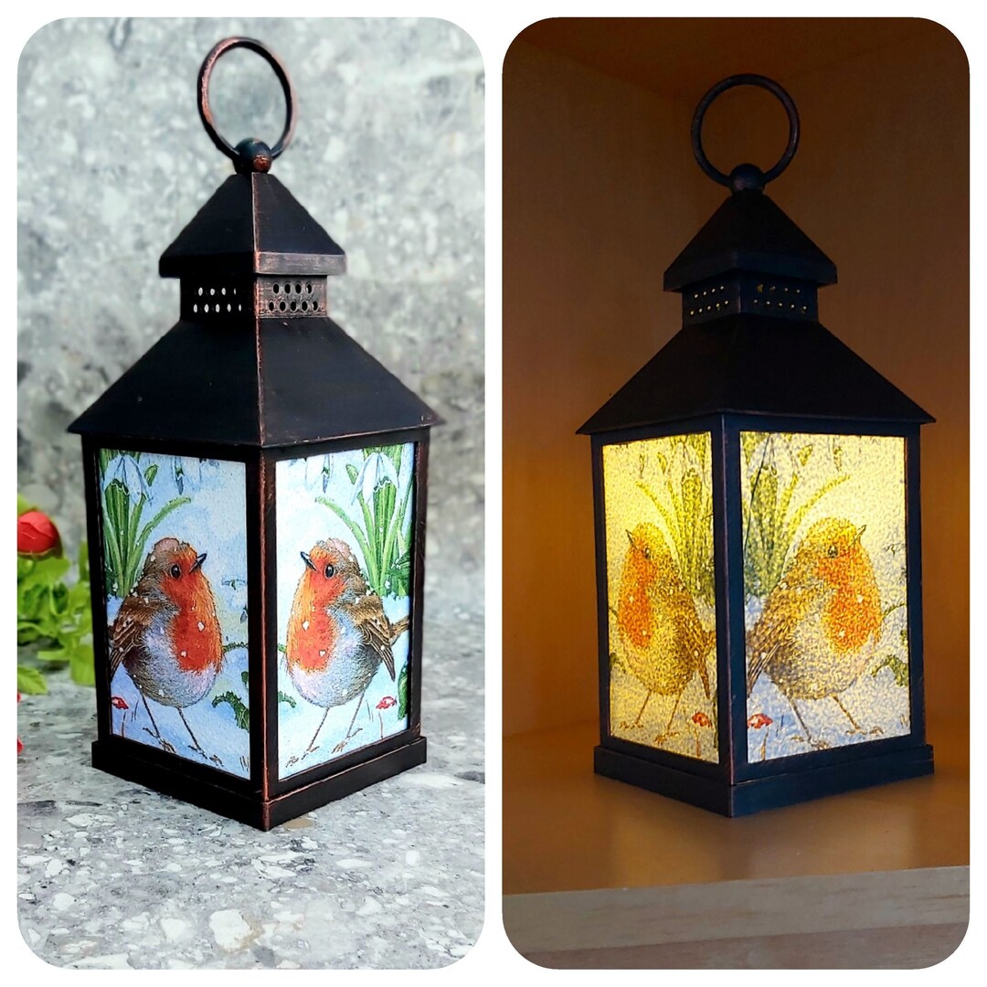 Robin Lantern, LED Lantern, Robin Decoupaged Indoor Lamp, Mother's Day ...