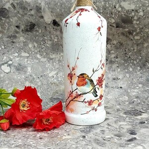 Robin Light up Bottle Lamp, Robin Decoupaged Bottle, Bottle With Lights ...