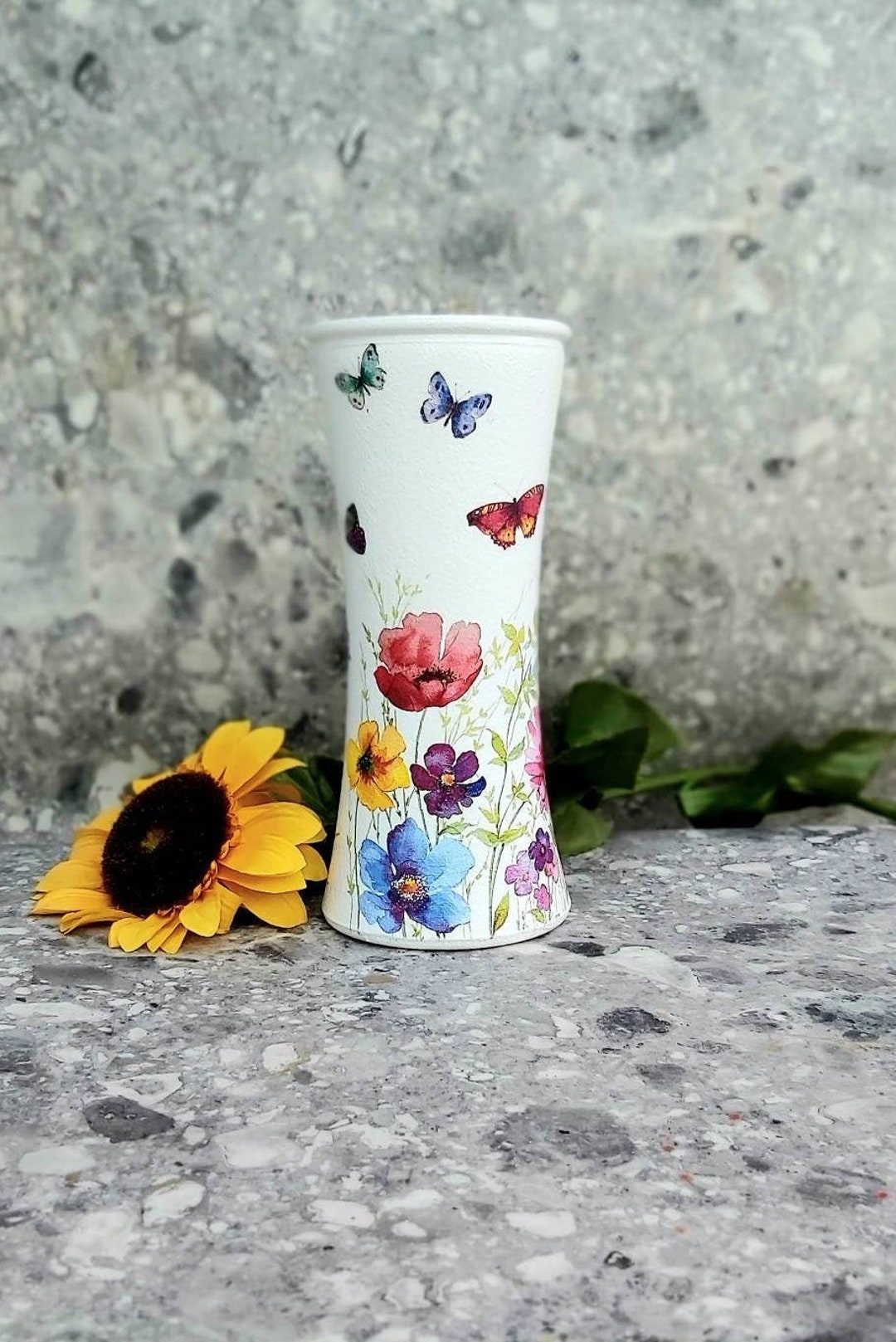 Pretty Flowers Decorated Glass Vase, Butterfly Vase, Pretty Decoupaged ...