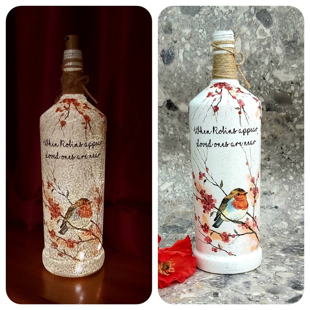 Robin Light up Bottle Lamp, Robin Decoupaged Bottle, Bottle With Lights ...
