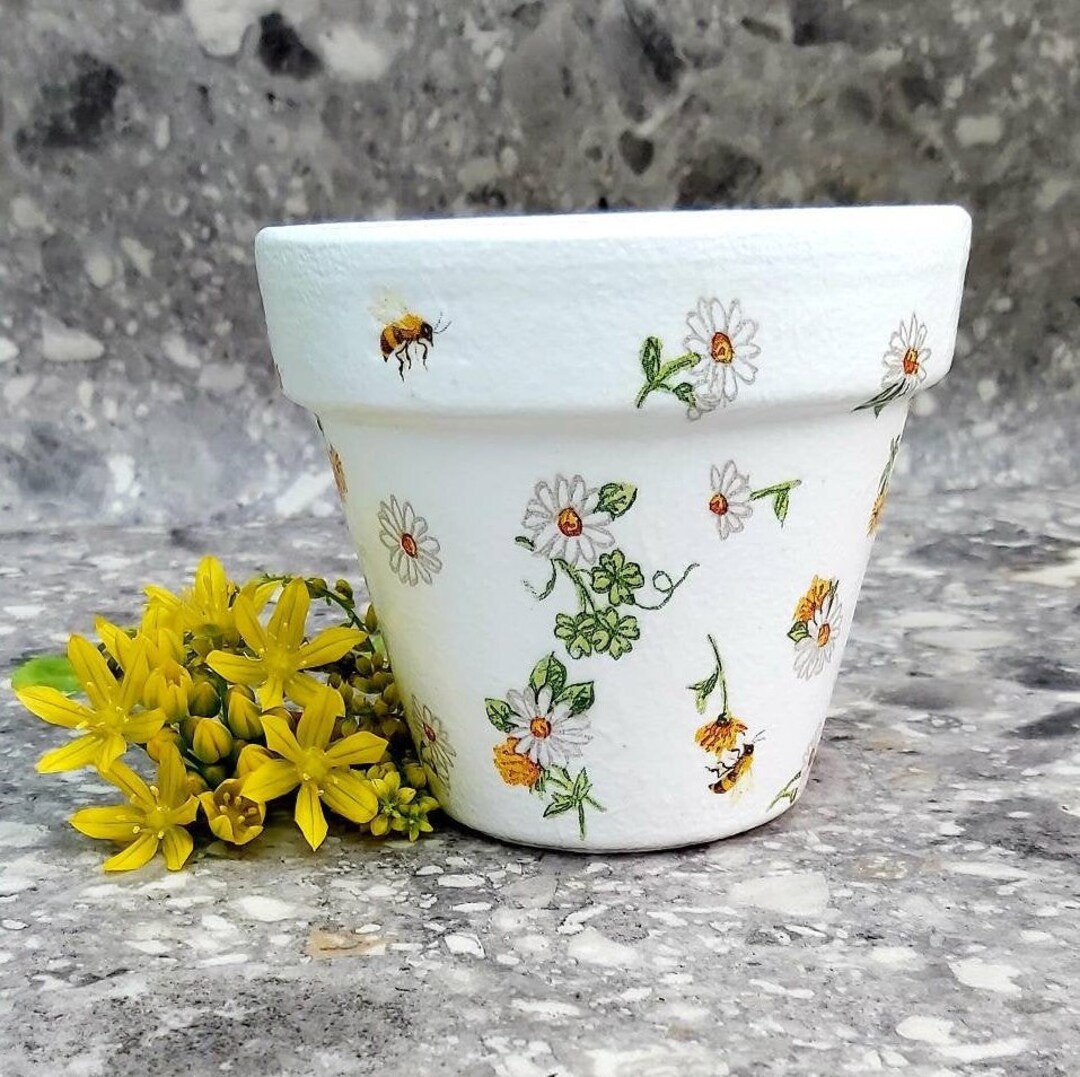 Bee flower pot, 11 cm, small terracotta bee plant pot, Decoupaged bee ...