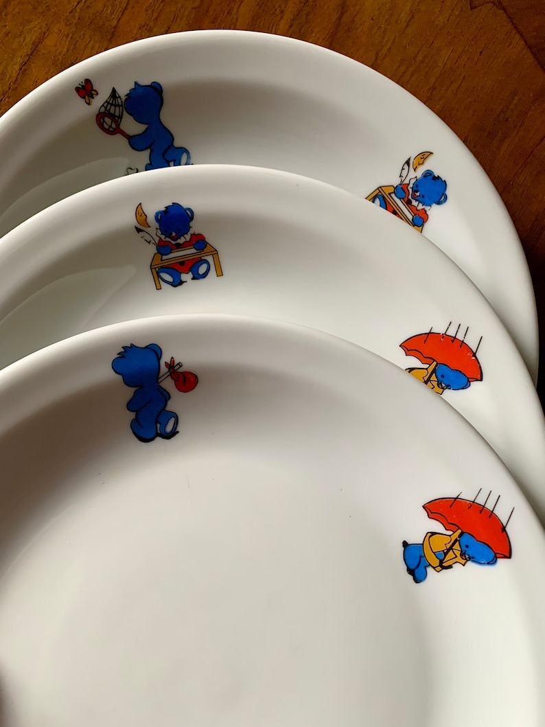 Vintage Porcelain Child Plates, Blue Bear Decor, 1970s Hungary, Set of ...