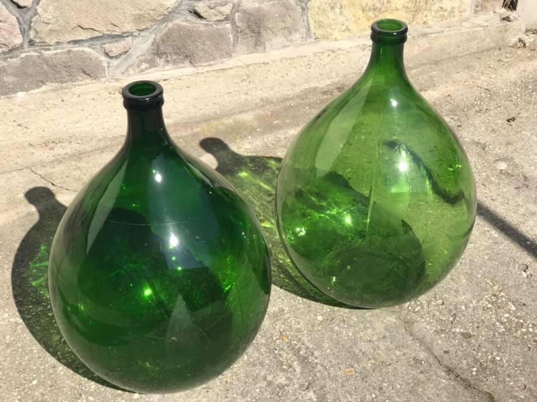 Vintage Huge Large Bulbous Massive Green Glass Wine Bottles - Etsy