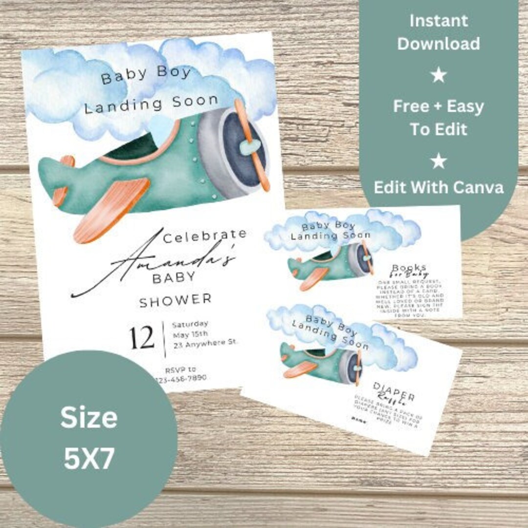 Adventure Baby Boy Landing Soon Shower Invitation | Editable Airplane ...