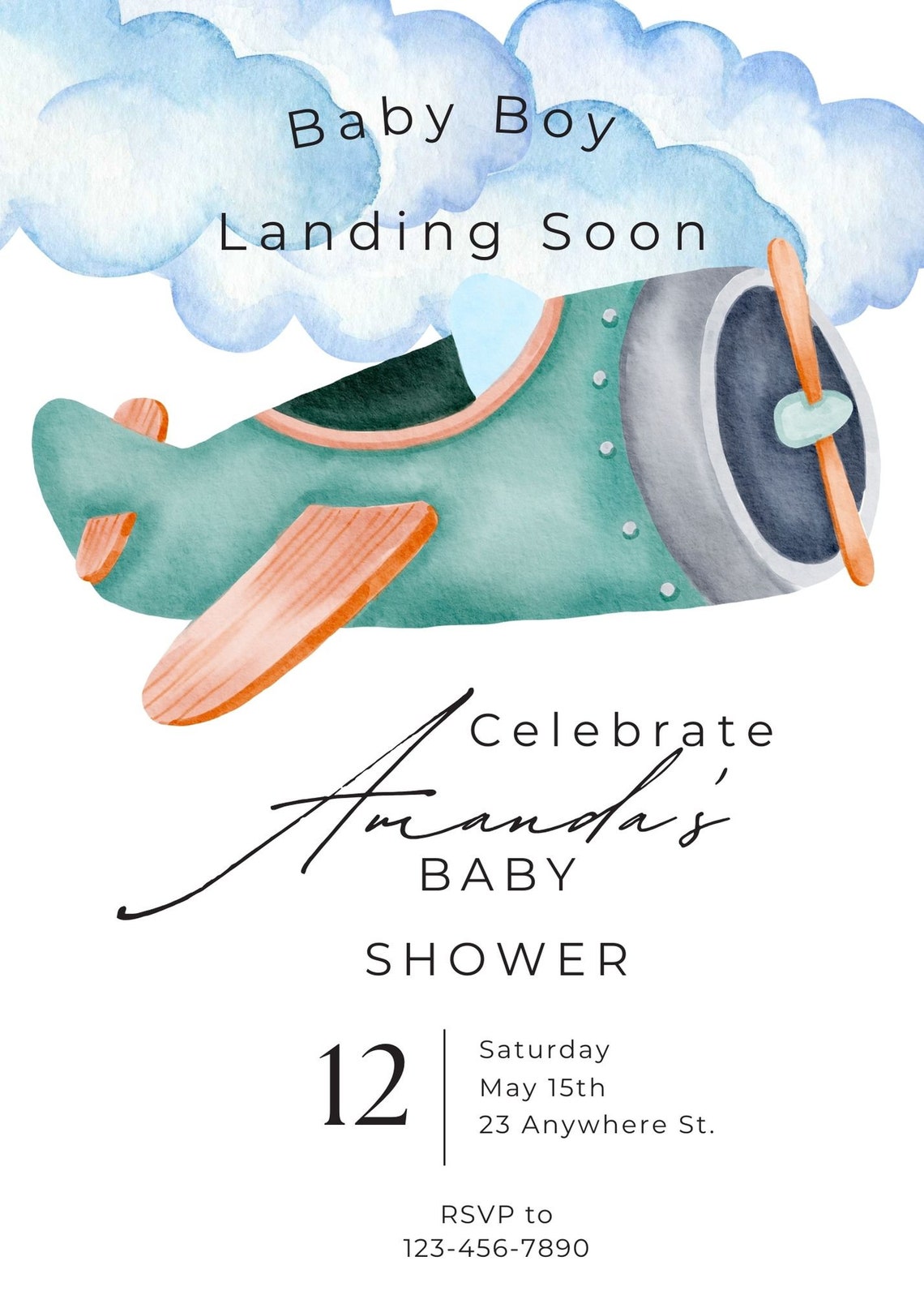 Adventure Baby Boy Landing Soon Shower Invitation | Editable Airplane ...