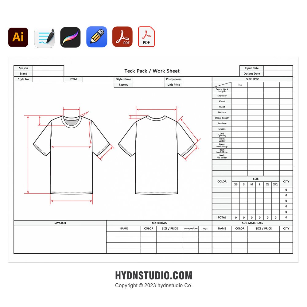 Vector T-shirt Fashion Flat Sketches & Size Spec Sheet Complete Techpack Template AI, PDF, High ...
