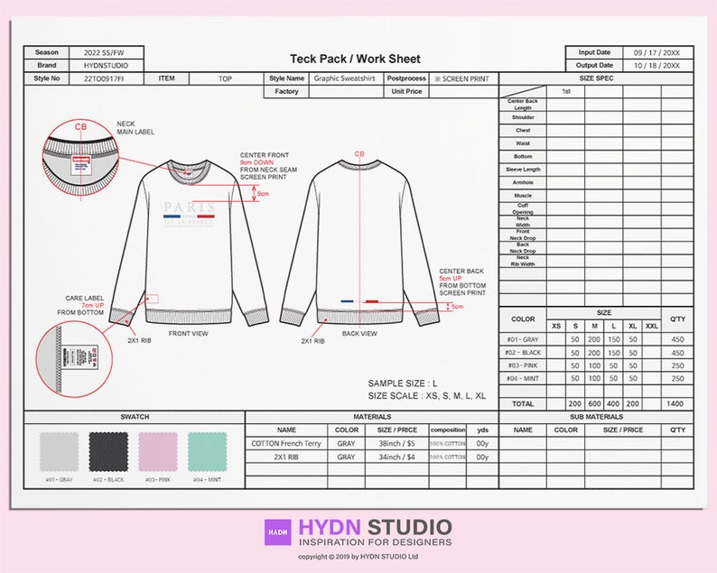 Tech Pack Template english A4 Size 01 / Technical Drawings / Fashion ...