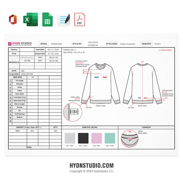 Tech Pack Template english A4 Size 01 / Technical Drawings / Fashion ...