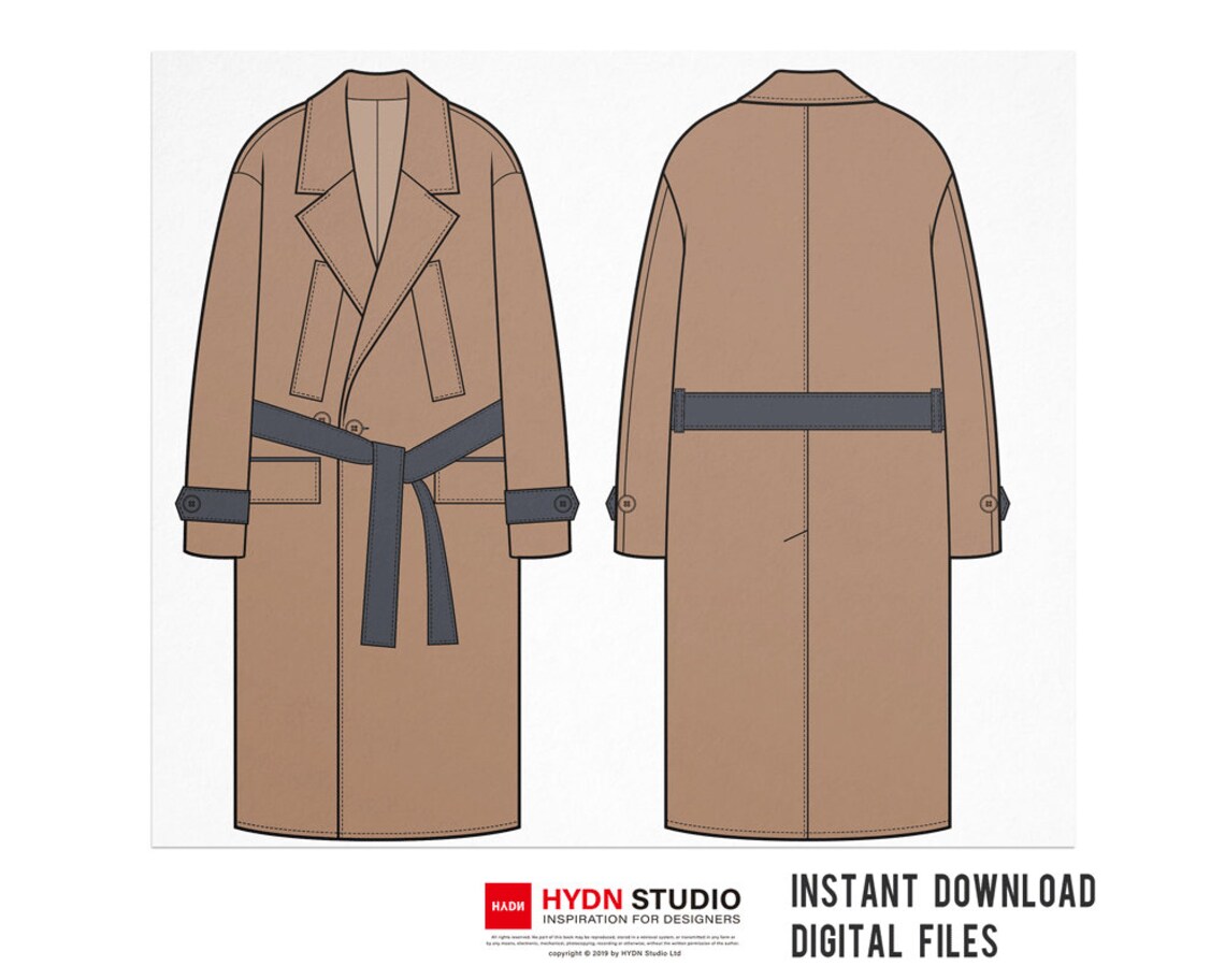 Belted Long Coat Flat Sketch 2style, Fashion Flats, Fashion Design ...