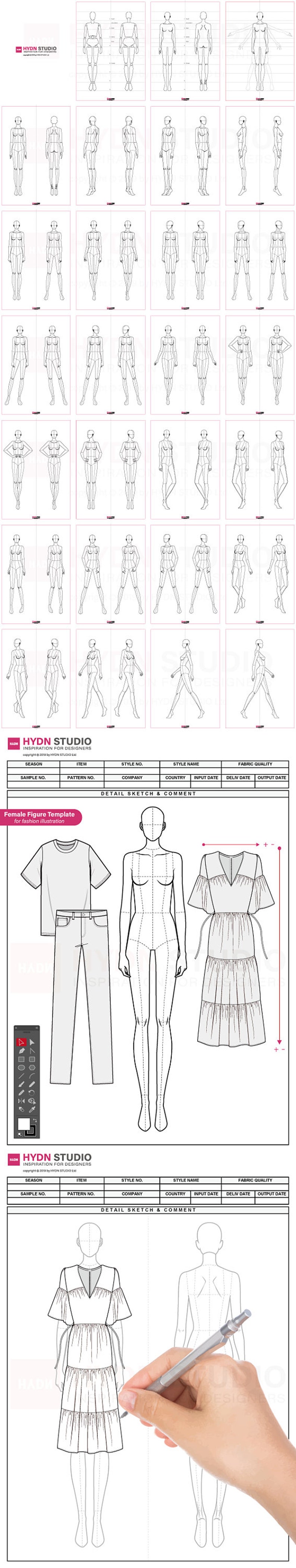 Fashion Illustration Template 47 Poses | A4 Digital Download & Print ...