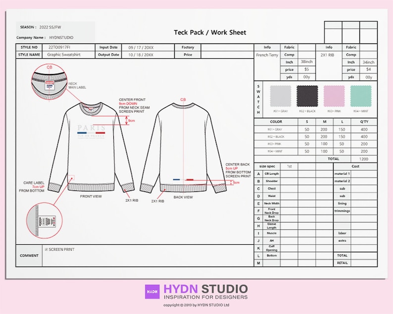 Tech Pack Template english A4 Size 06 / Technical Drawings / Fashion ...