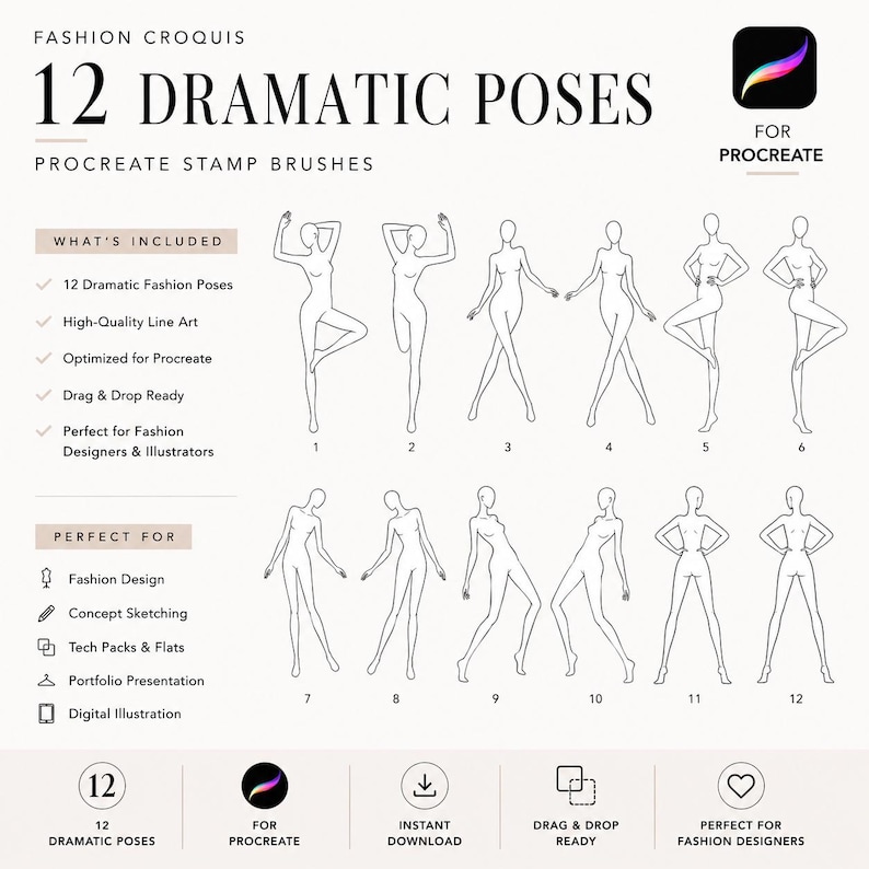 12 Dramatic Fashion Poses Procreate Stamp Brushes, Editorial Figure ...