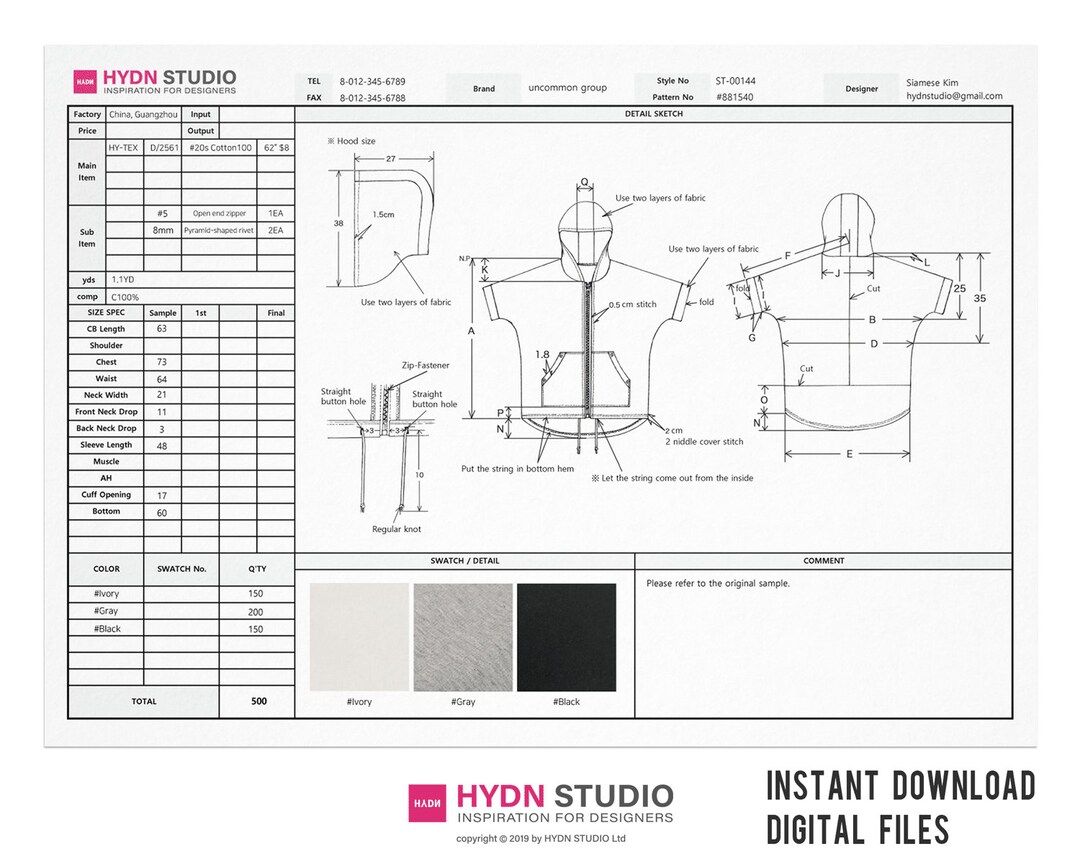 Tech Pack Template english A4 Size / Technical Drawings / Fashion CAD ...
