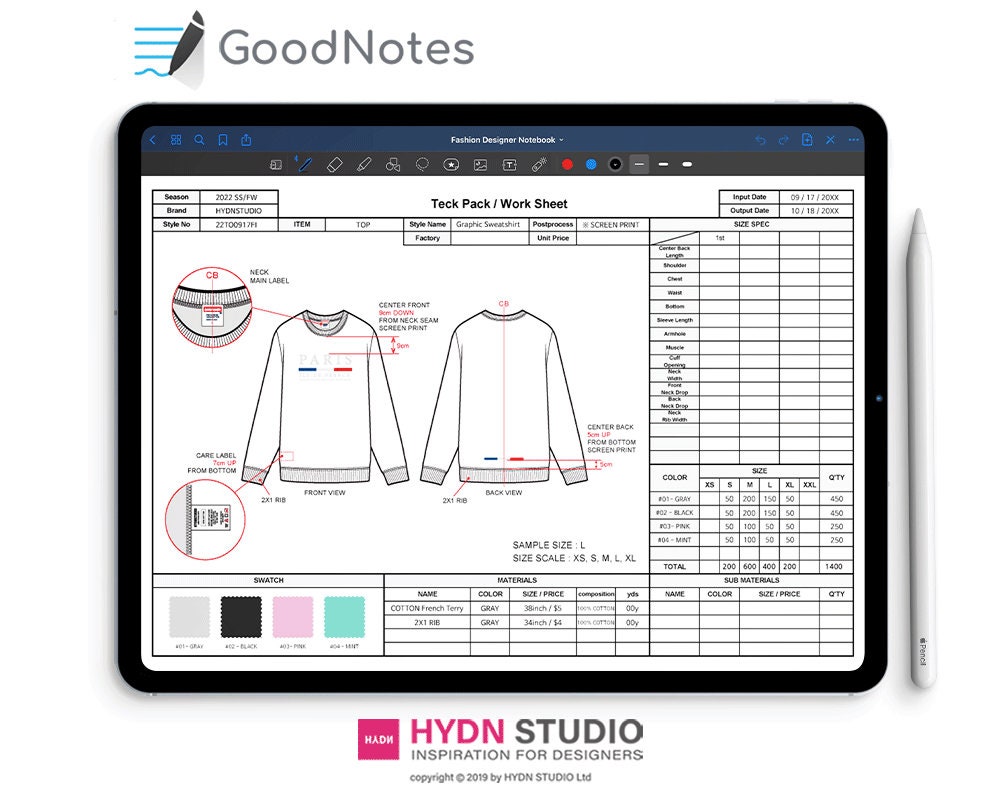 Tech Pack for Goodnotes 01 English (4 Types -PDF) Techpack Template ...