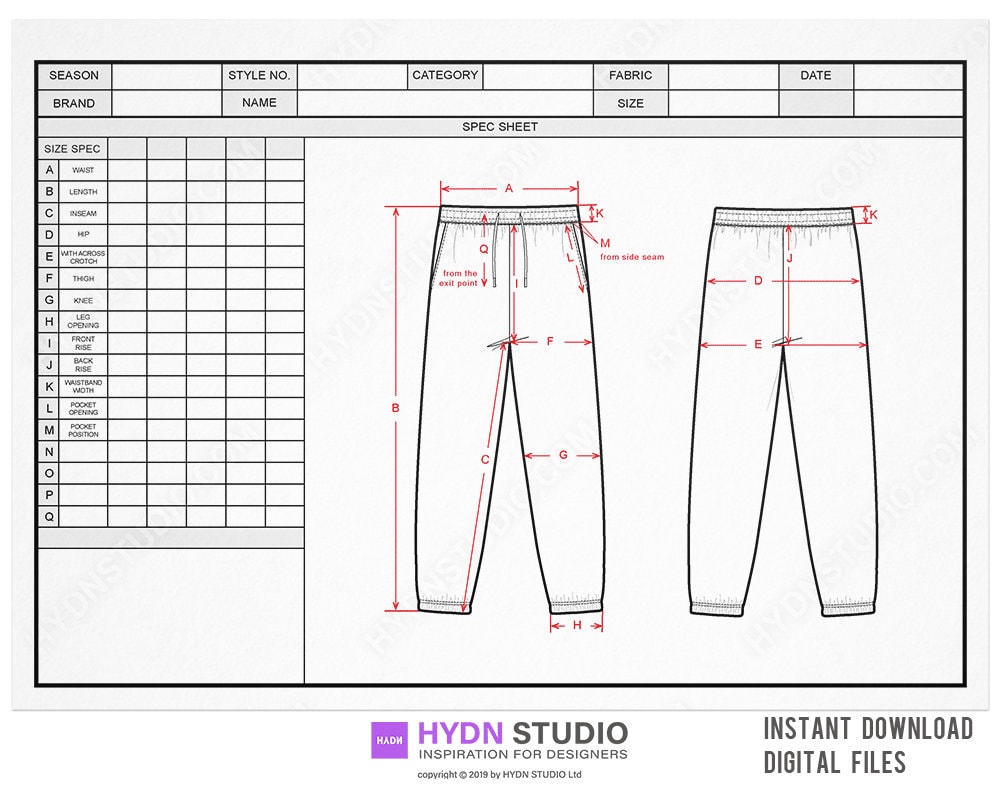 Vector Sweat Pants + Size Spec Sheet / Techpack Template / Technical ...