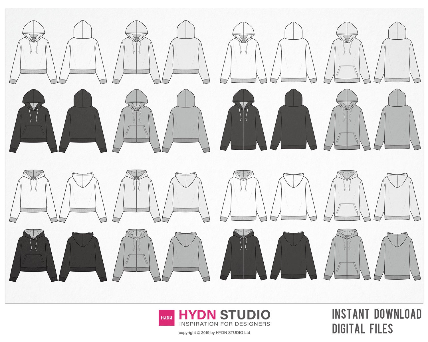 Hoodie Flat Sketch Design Set, Fashion Flats, Fashion Design Template ...