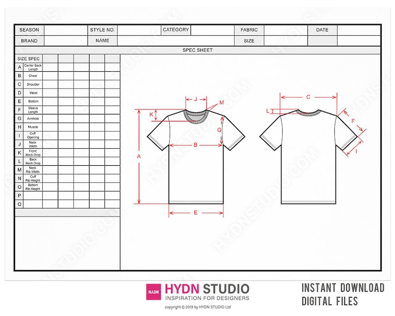 Vector T-shirt Size Spec Sheet / Techpack Template / Technical Drawings / Fashion CAD / Flat ...