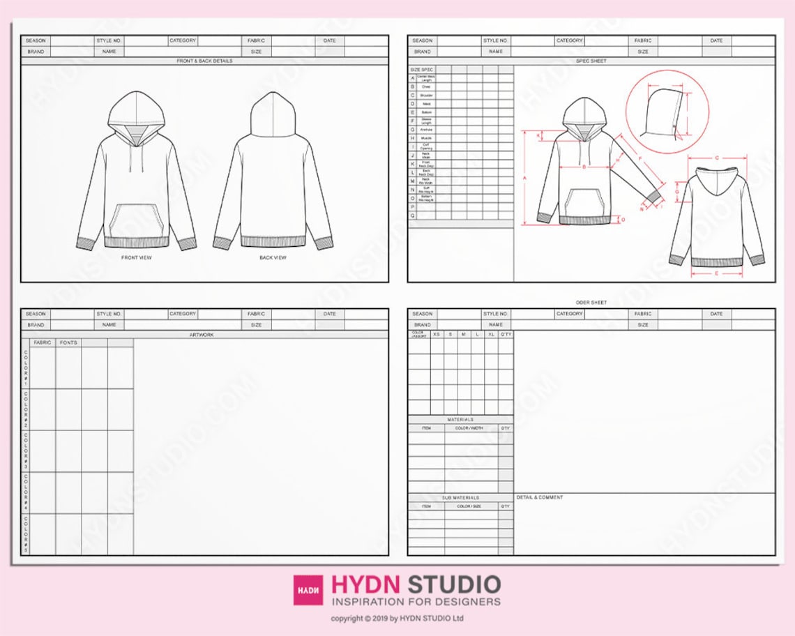 Vector Hoodie Tech Pack Technical Drawings, Flat Sketch, and Fashion ...