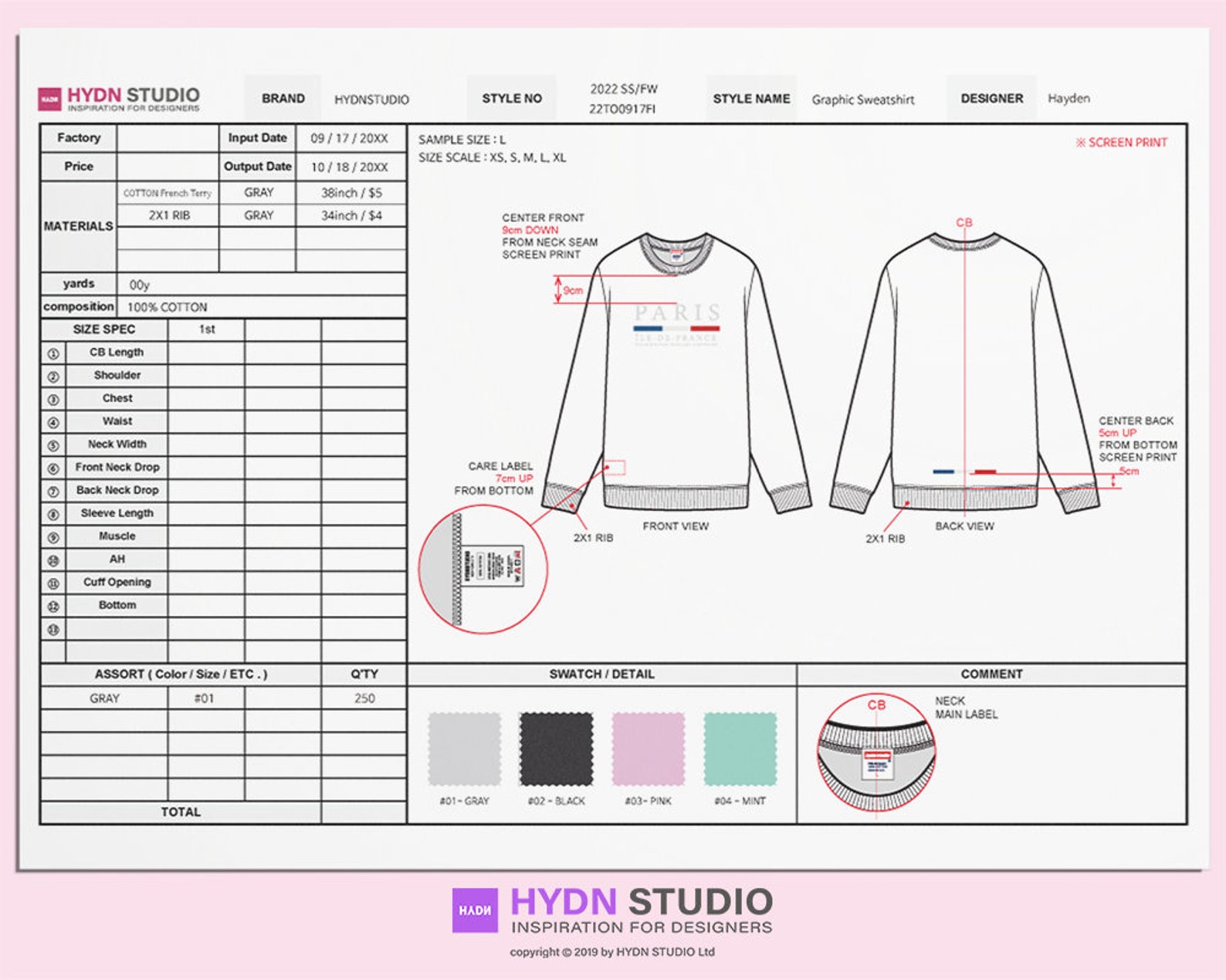 Tech Pack Template english A4 Size 02 / Technical Drawings / Fashion ...