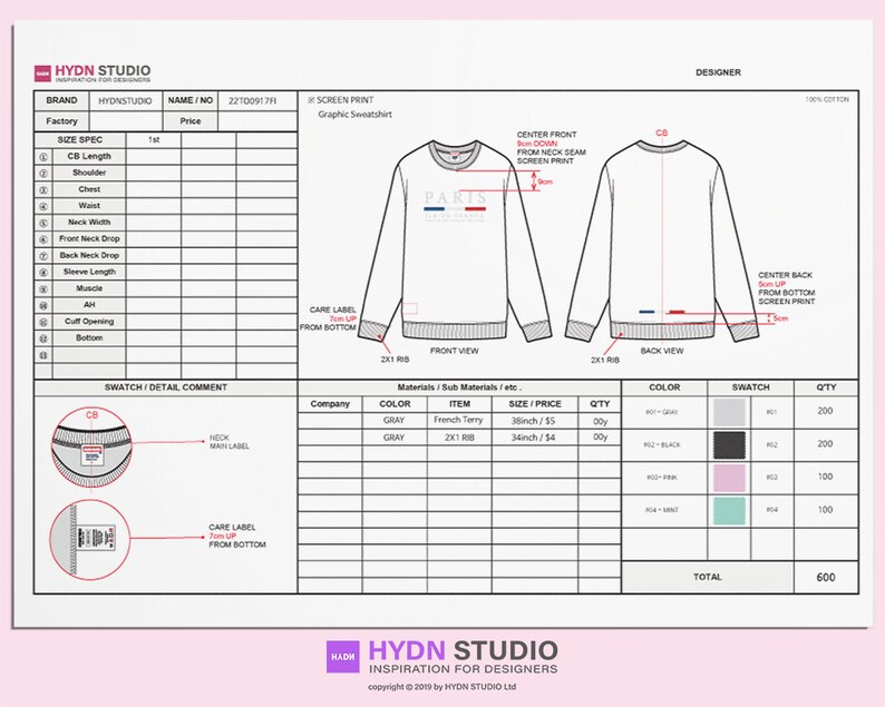 Tech Pack Template english A4 Size 03 / Technical Drawings / - Etsy