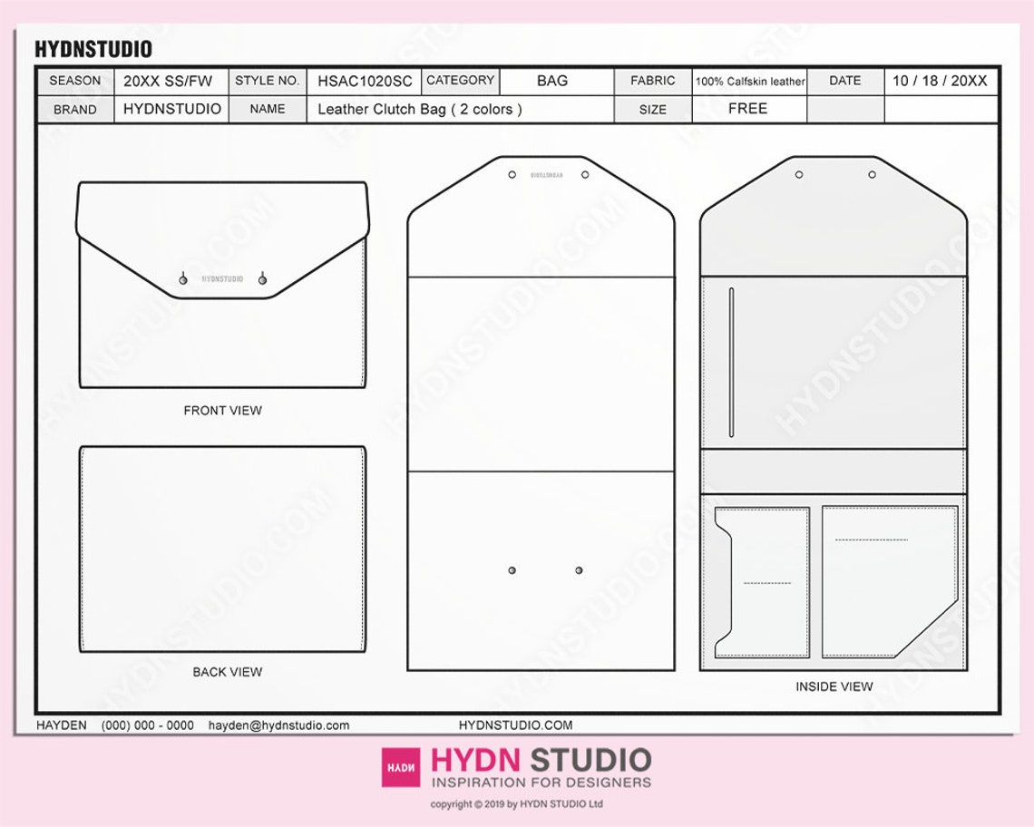 Clutch Bag Tech Pack / Techpack Template / Technical Drawings / Fashion ...