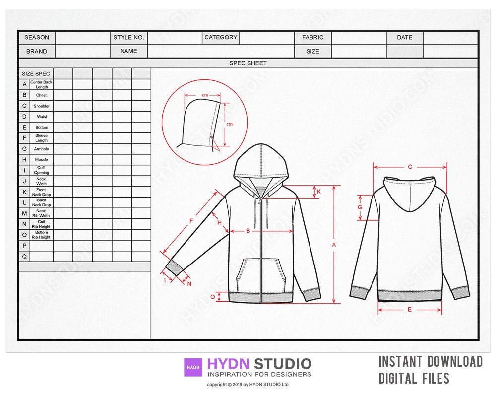 Vector Zip-up Hoodie + Size Spec Sheet / Techpack Template / Technical ...