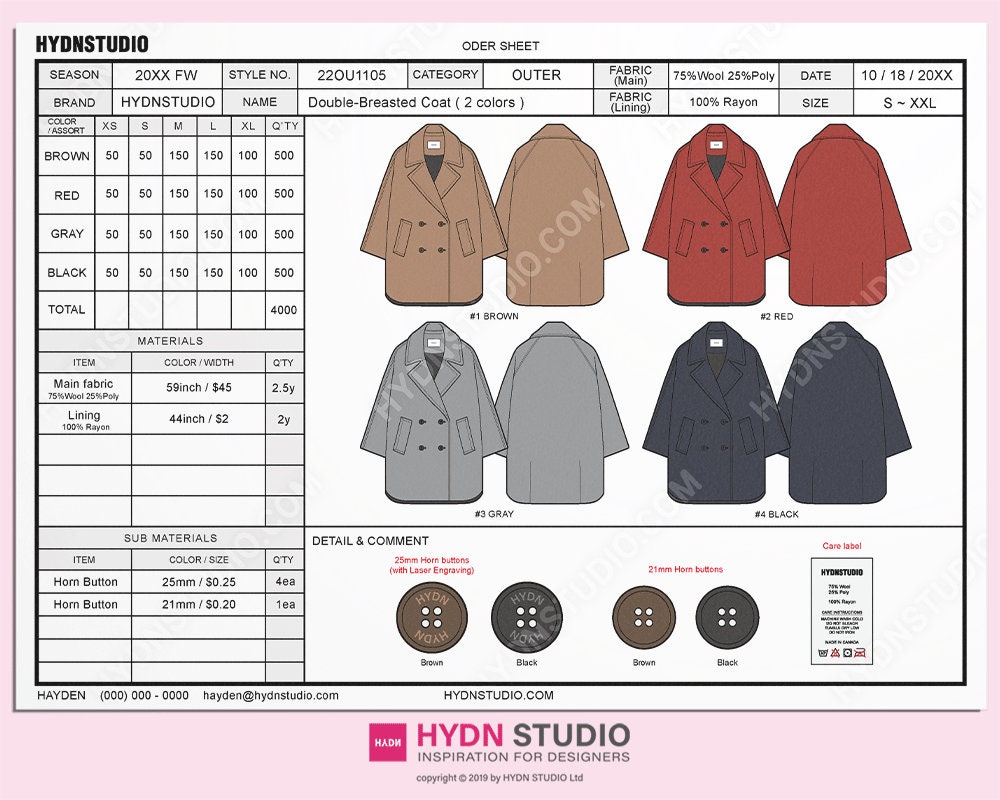 Vector Complete Coat Outer Design Techpack Template Technical Drawings ...