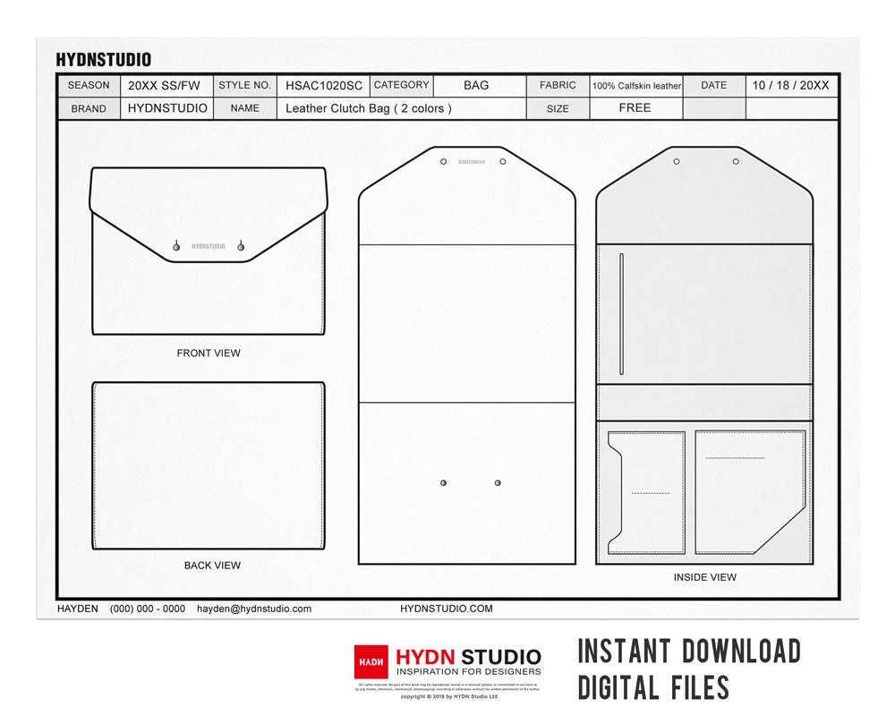 Clutch Bag Tech Pack / TechPack template / Technical Drawings | Etsy