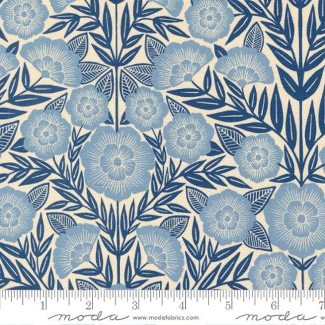 Sale Flower Press Fabric By The Yard Flower Press Ecru Indigo 3300 11