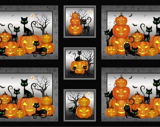SALE Halloween Fabric, Trick or Treat Black Cat Panel Fabric. From ...